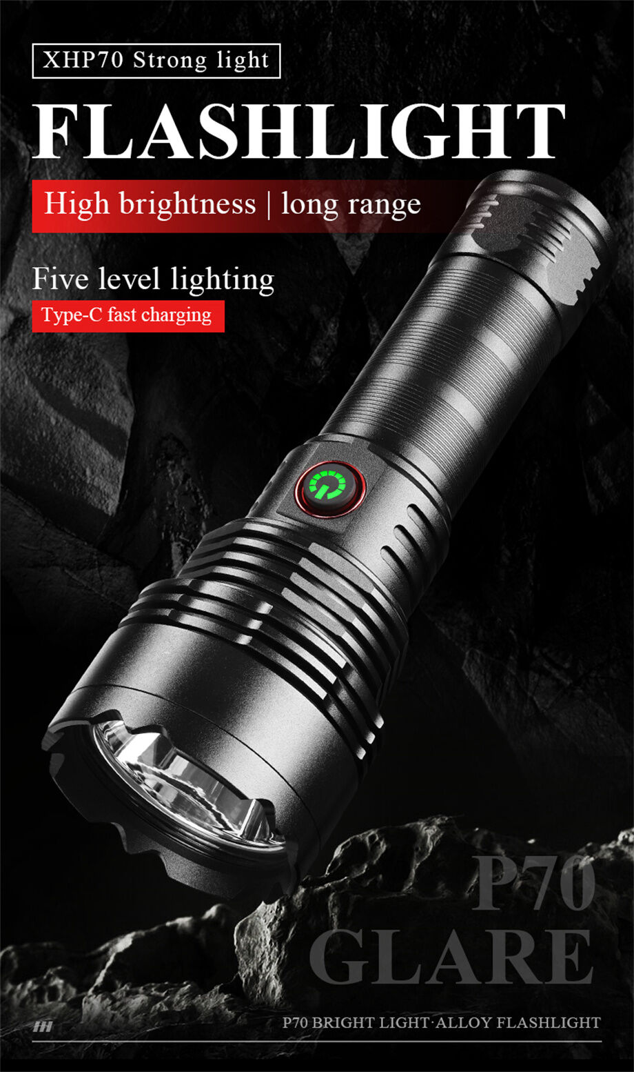 Led Flashlight P70 Fixed-focus Powerful Lantern Type-c Rechargeable 5 ...