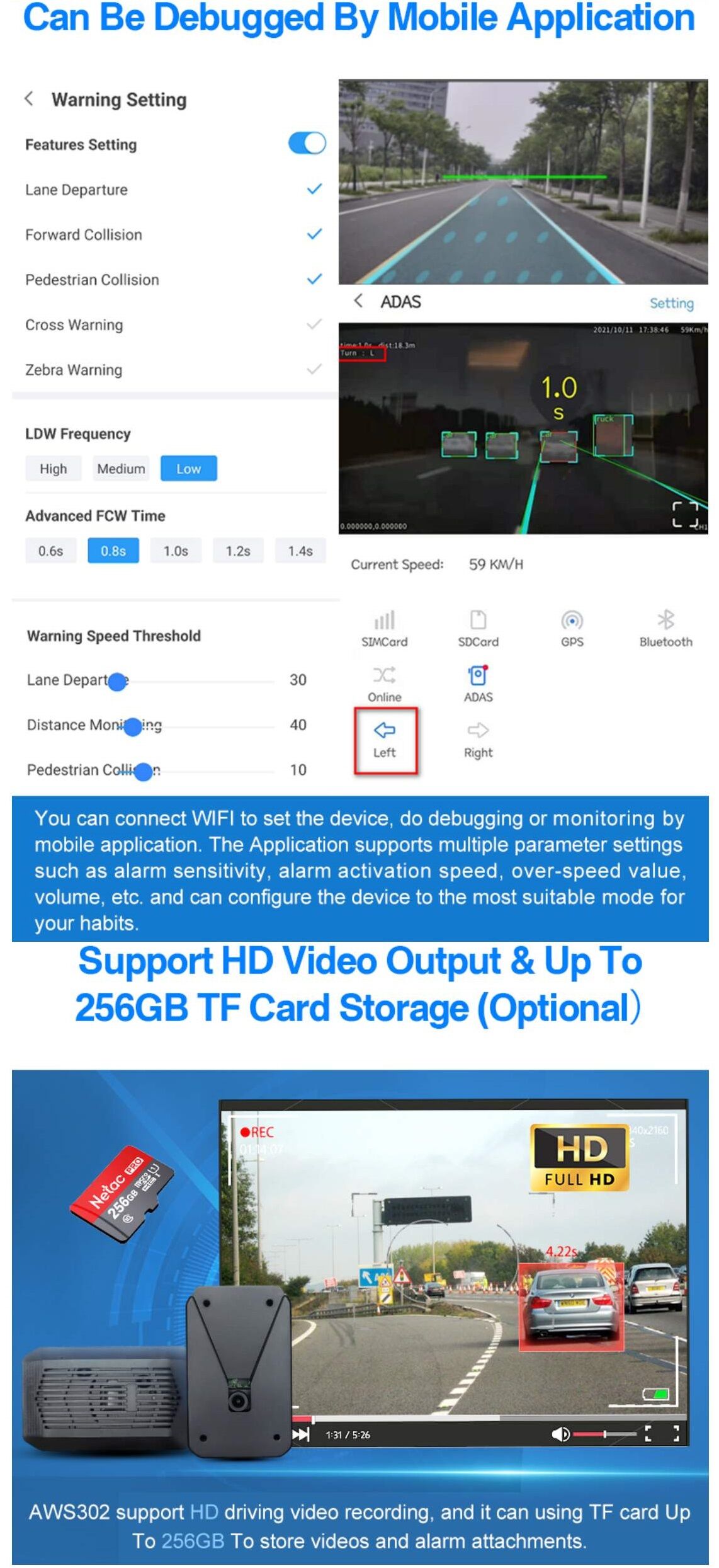 Caredrive Aws302 Adas 4g Gps Wifi Fcw Ldw Vehicle Osw Advanced Driver Safety Anti Collision ...
