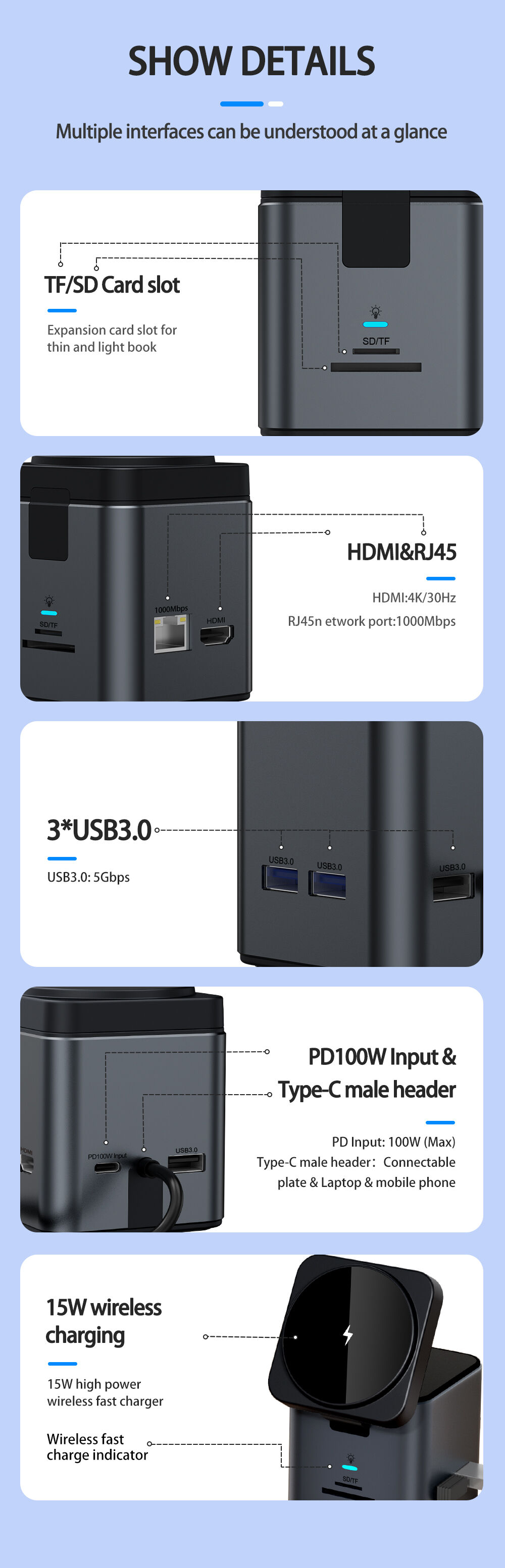 2024 New Product Magnetic Fast Wireless Charger Aluminum Alloy 8 In 1 Multifunction Hub With ...