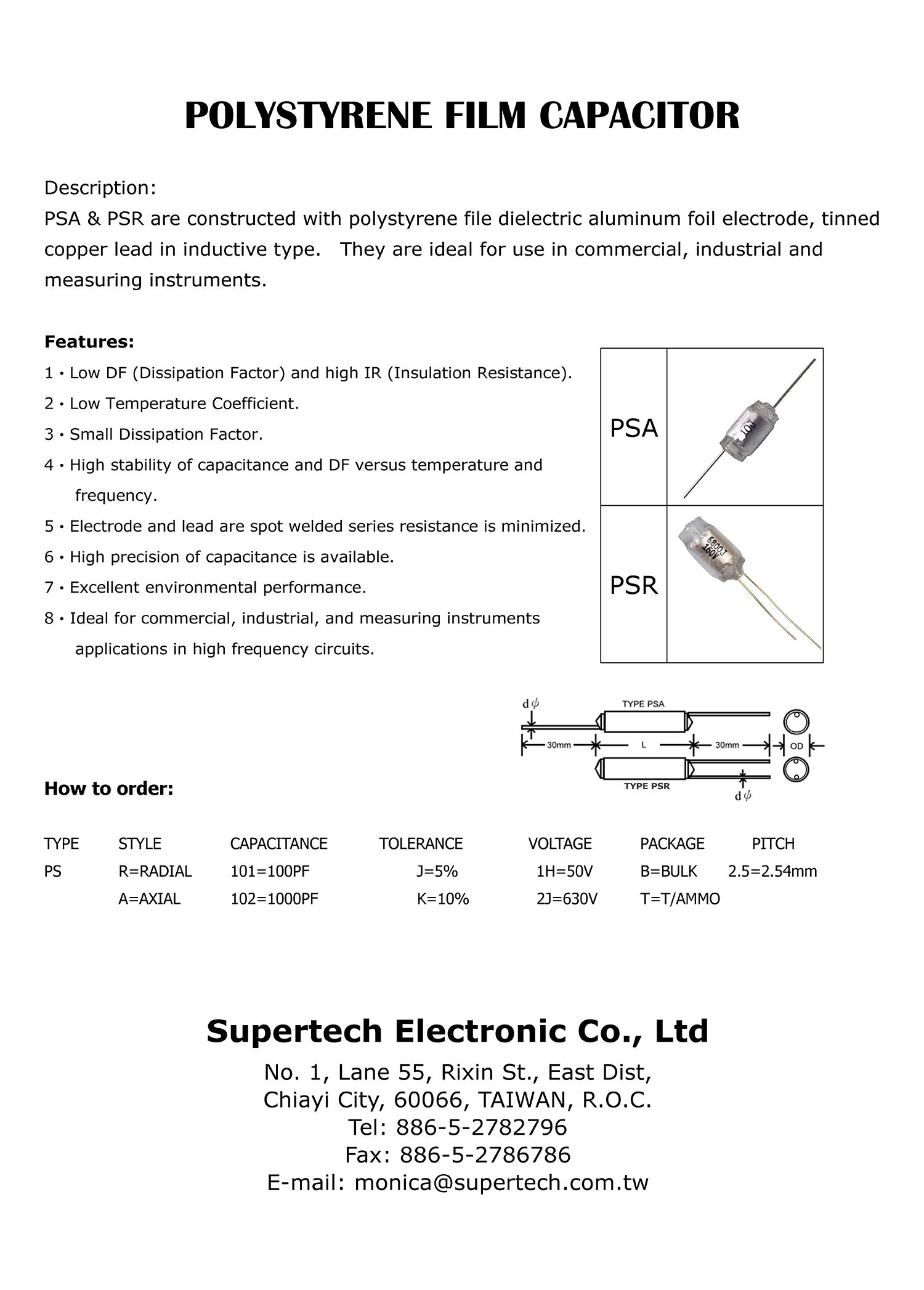 High Quality Polystyrene Film Capacitor Psa Axial Lead 22pf 100v To ...