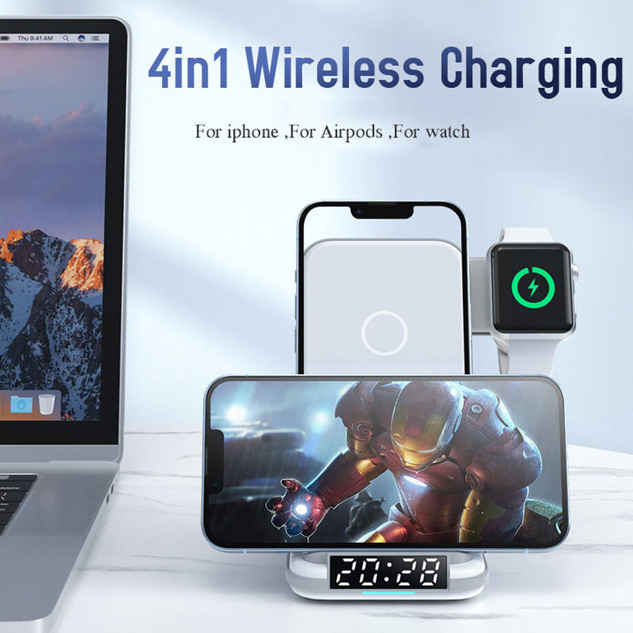 4 In 1 Wireless Charger Qi With Alarm Clock For Apple Phone Watch ...