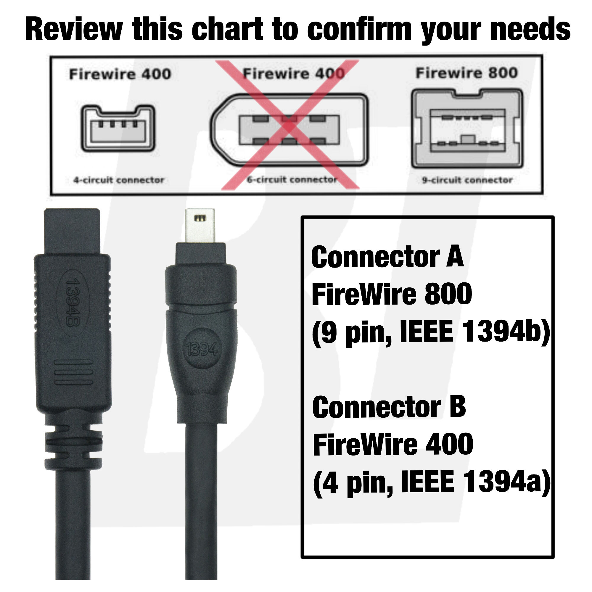 Firewire Cable 9 Pin To 4 Pin Ieee 1394 Firewire 800/400 Cable 6 Feet ...
