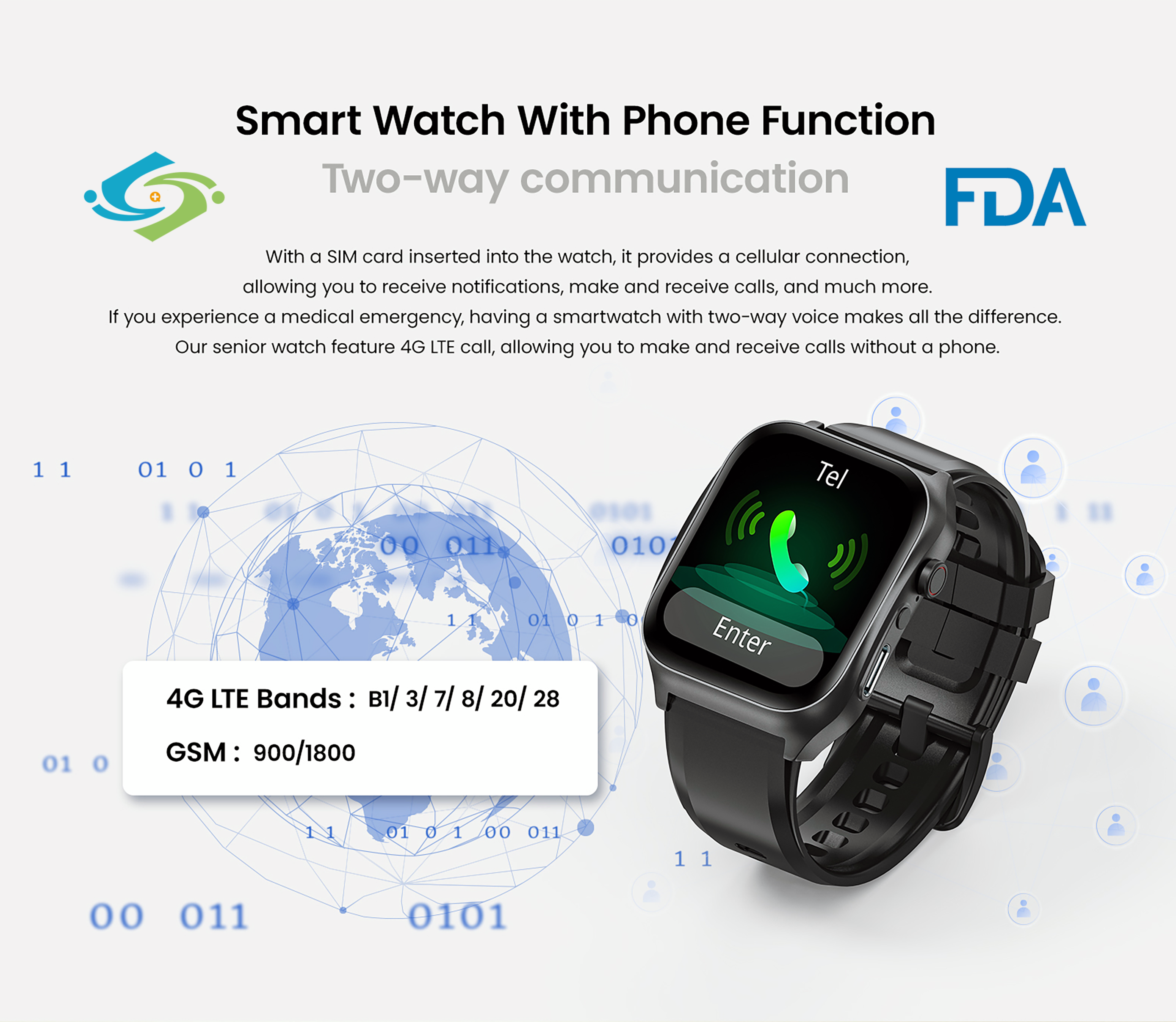 Fda Nmpa 4g Gps Smart Health Watch, Sos, Spo2, Bp, Thermometer, Sleep ...