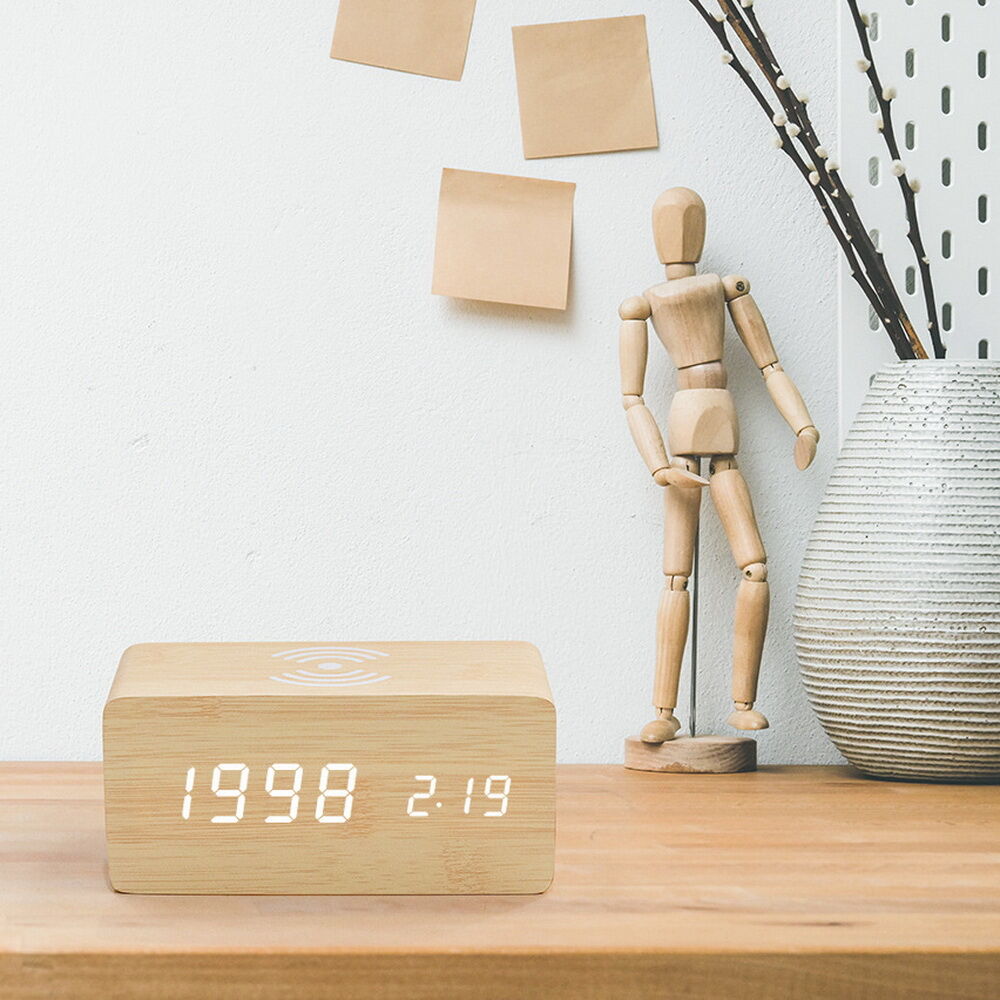 Digital Desk Clock Wooden Wireless Charging Modern Smart Led Light ...