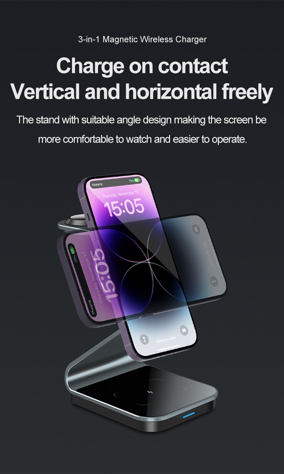 Lorrington 3 In 1 Metal Wireless Charger Stand Aluminum Alloy Wireless ...