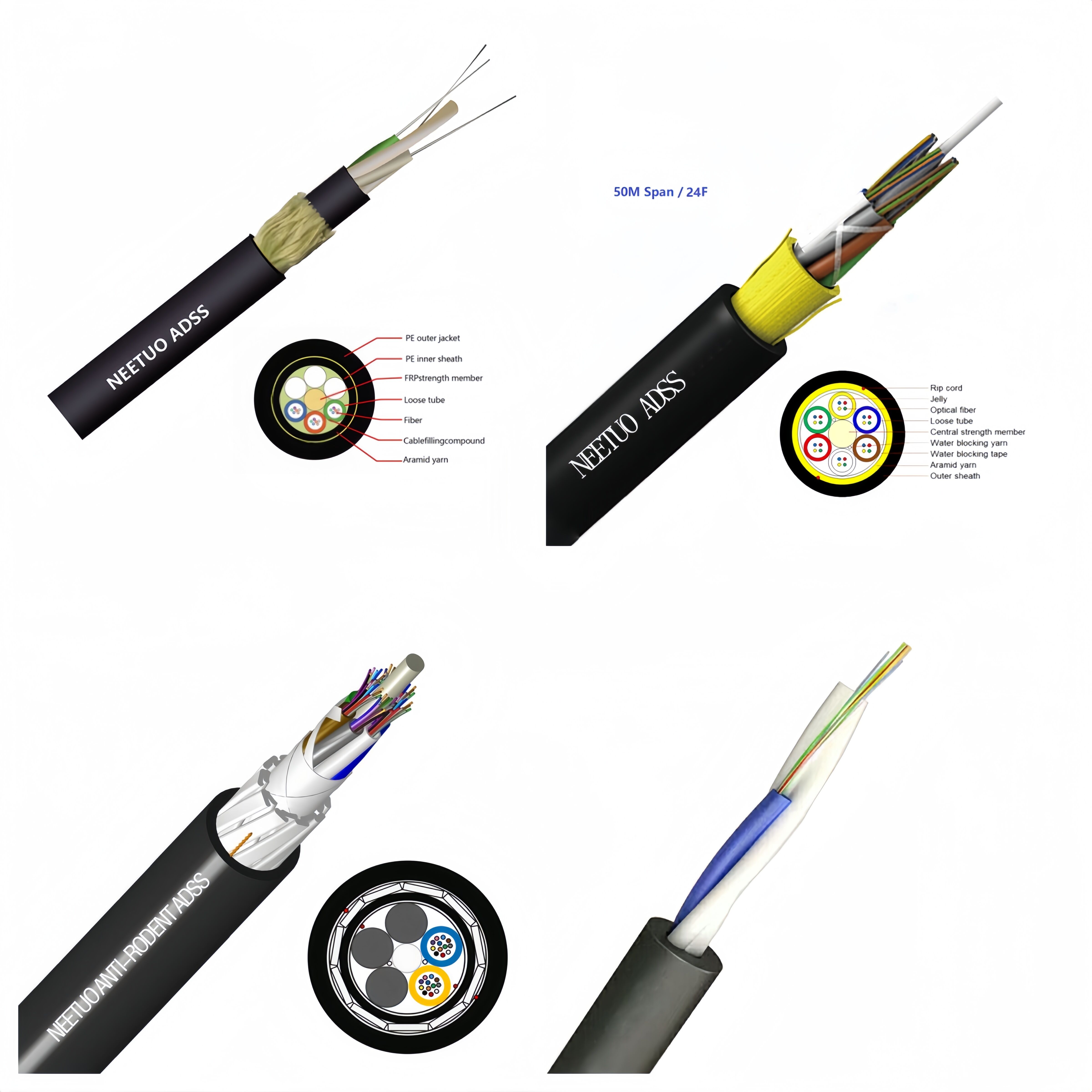 Outdoor Aerial Cable Adss Cable 24f 50m 100m Span Optical Fiber Cable ...
