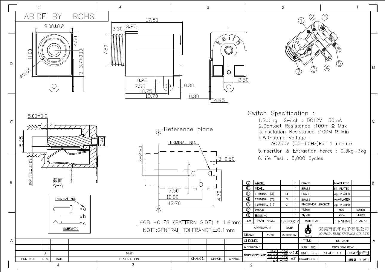 Kailh, Factory Price, White 2.5mm Dc Power Jack, Copper Threaded, Ul ...