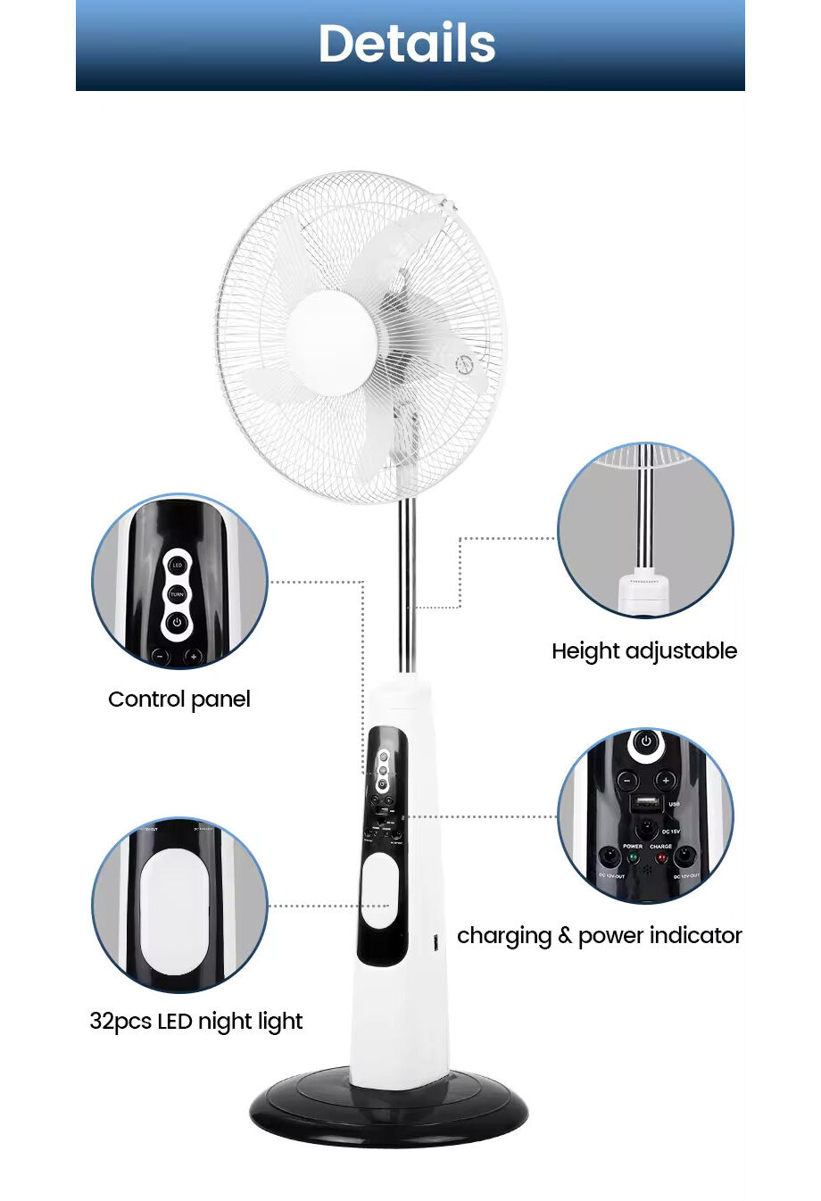 18' Inch Lithium Battery Portable Rechargeable Electric Fan Solar ...