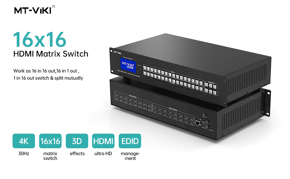 Mt-viki 16x16 Hdmi Matrix Switch 4k@30hz, Rack Mount Switcher & Splitter 16 In 16 Out, Backlit ...