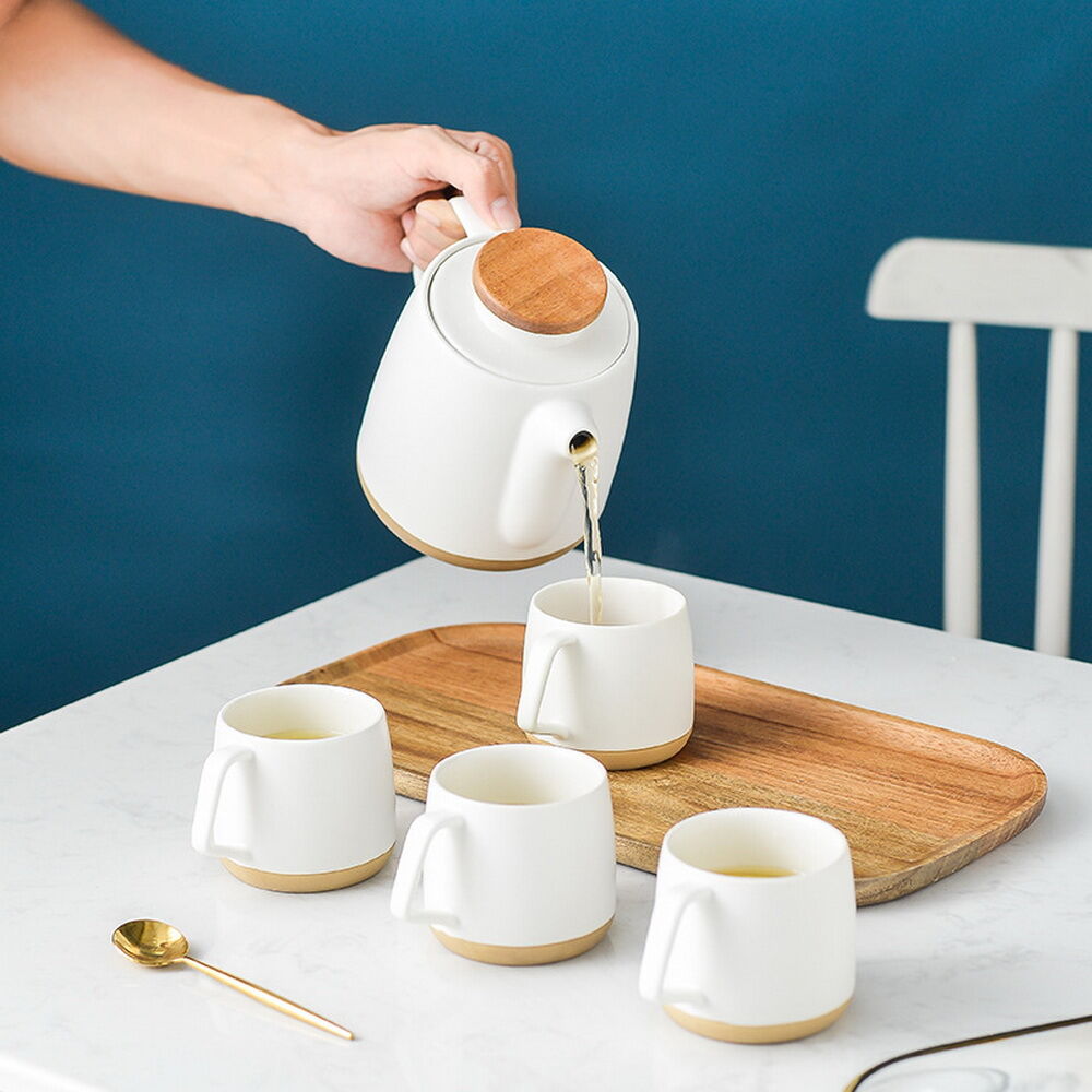 White Black Ceramic Tea Sets With Wood Lid Porcelain Teapot And Cups Set, Tea Pot Stainless ...