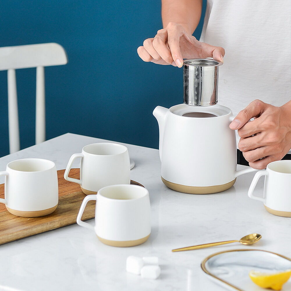 White Black Ceramic Tea Sets With Wood Lid Porcelain Teapot And Cups ...