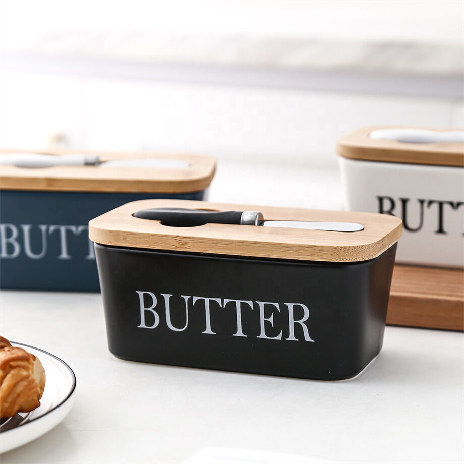 Rectangular Ceramic Sealed Jar Bamboo Lid Butter Keeper Container ...