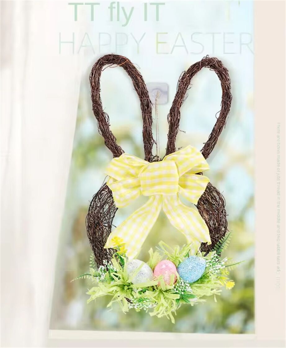 Easter Rabbit Head Shape Natural Rattan Berry Colorful Egg Door Hanging ...