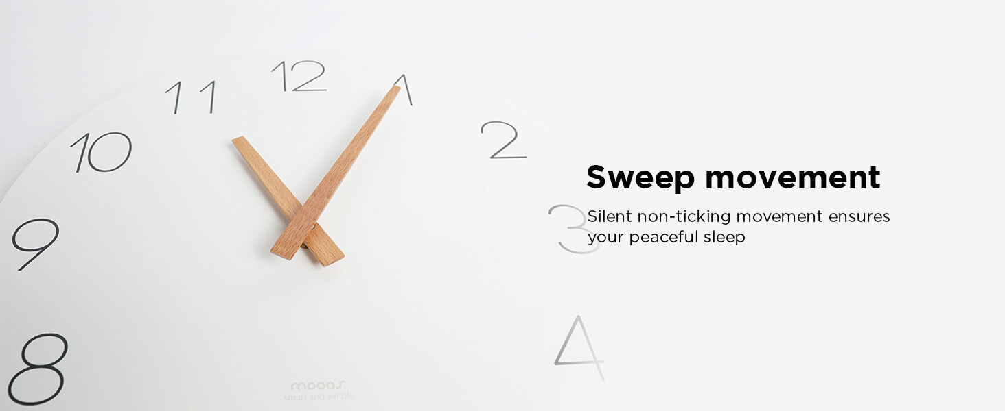 Mooas Flatwood Big Wall Clock, 13" Wood Non-ticking Sweep Movement ...