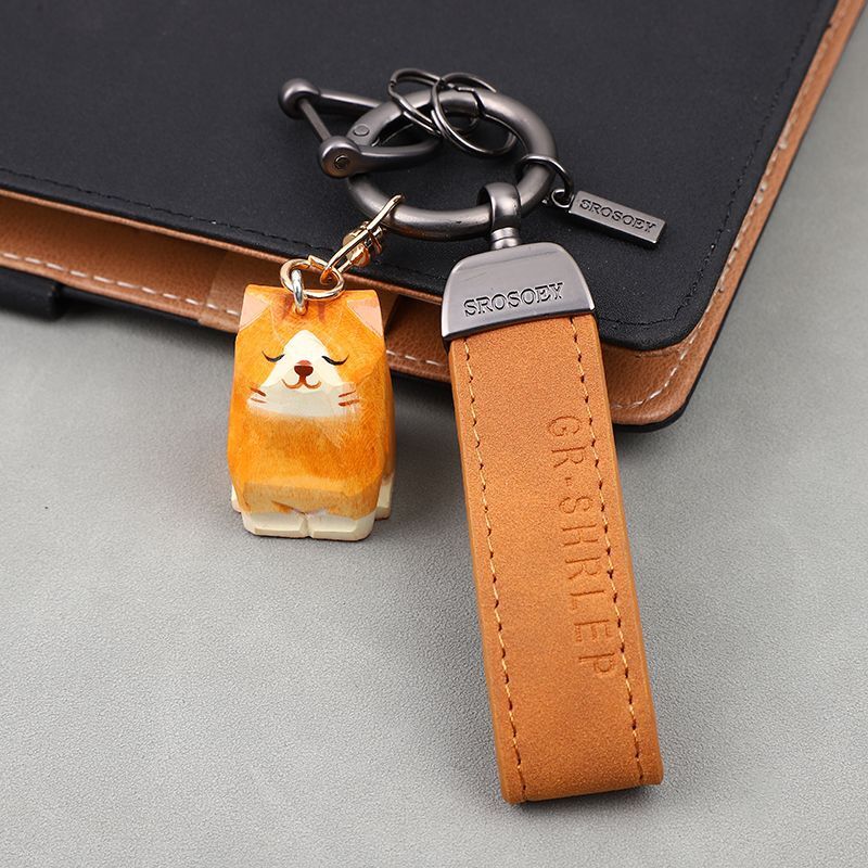 Handmade Wood Carving Leather Cute Kitten Shiba Inu Puppy Keychain ...