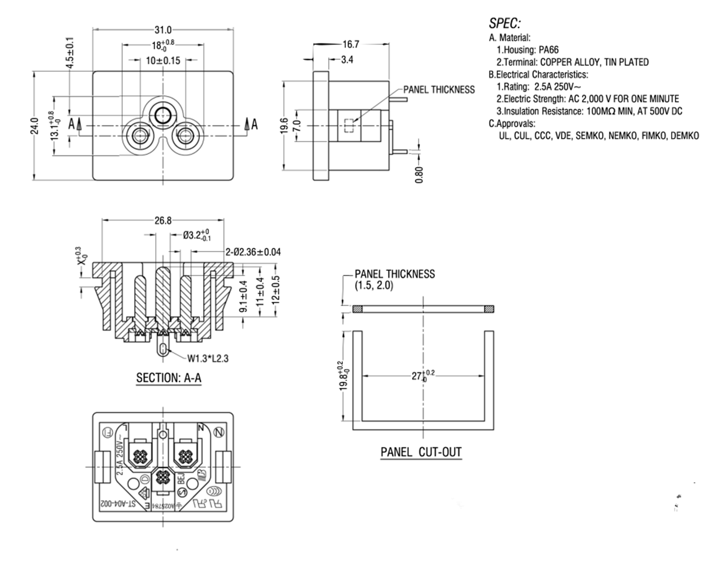 Ac Inlet 3pin Power Socket With 250v 2.5a Rating 5000 Cycle Lifespan ...