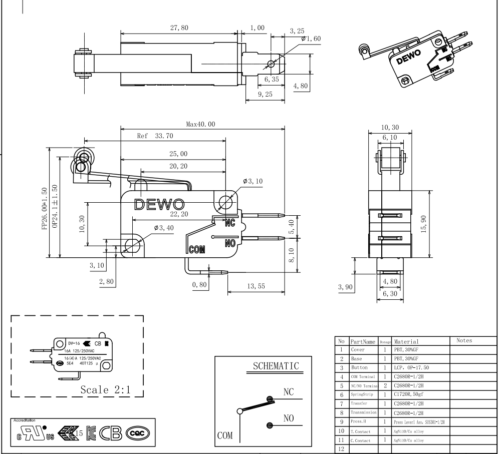 Limit Switch Short Hinge Roller Lever Arm 3pin Momentary Snap Action ...