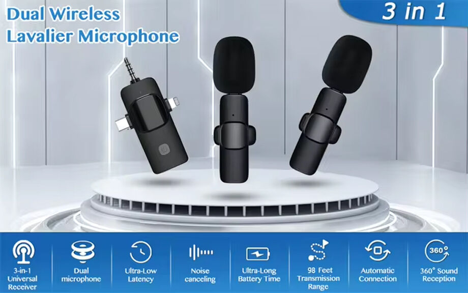 Cyke 3-in-1 Wireless Microphone System Professional Lavalier Flip Collar Video Recording Vlog ...