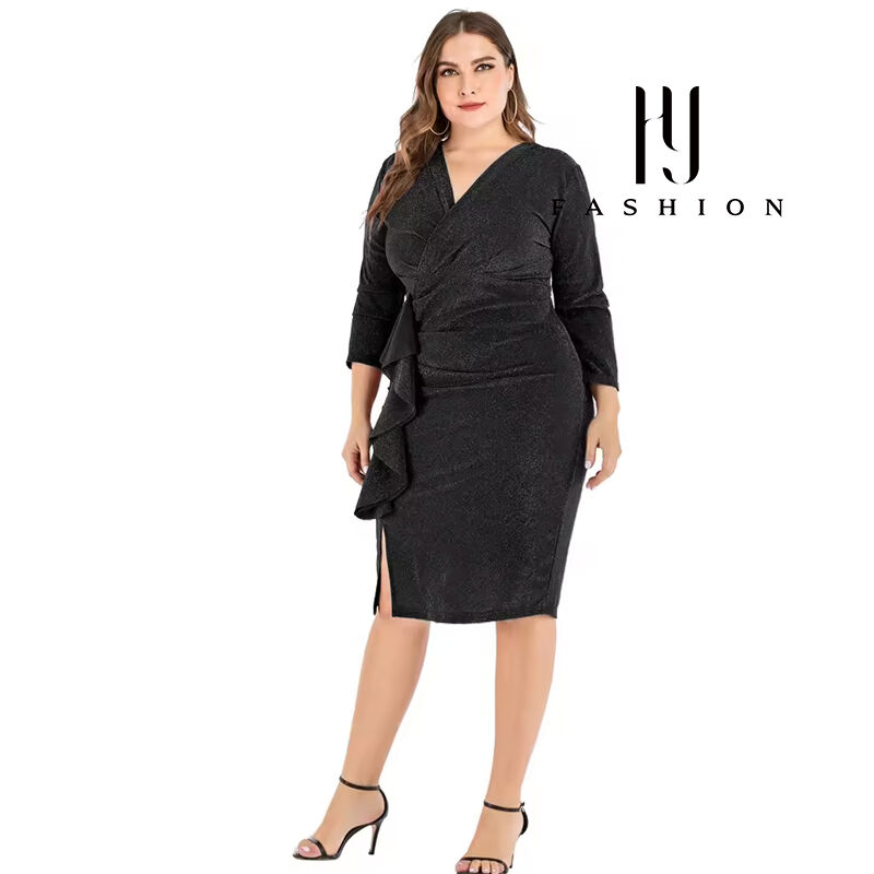 Sexy Plus Size Women Clothing V-neck Solid Slim One-piece Dress Wrist ...