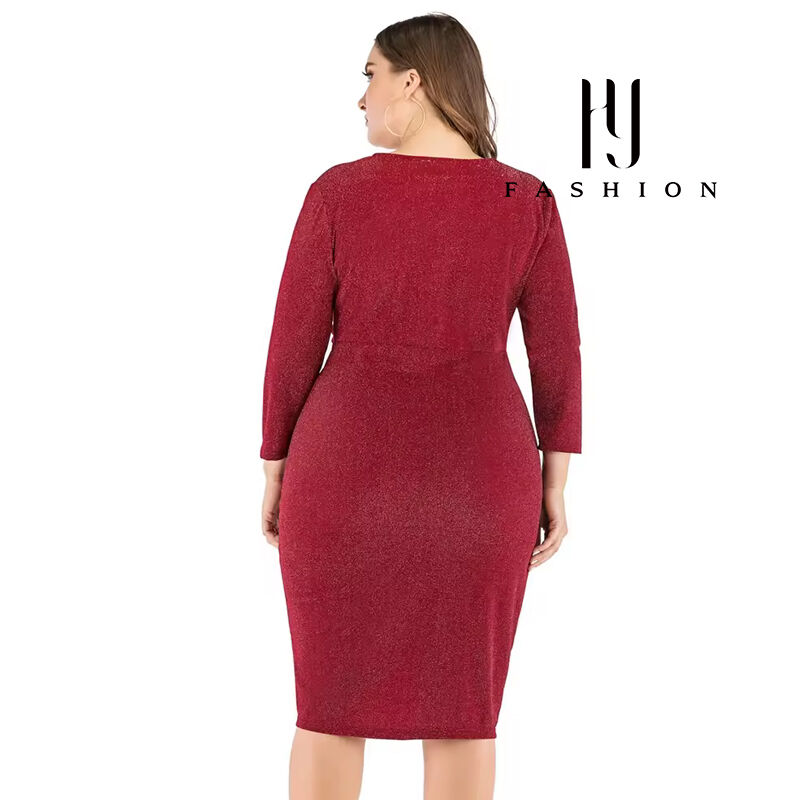 Sexy Plus Size Women Clothing V-neck Solid Slim One-piece Dress Wrist ...