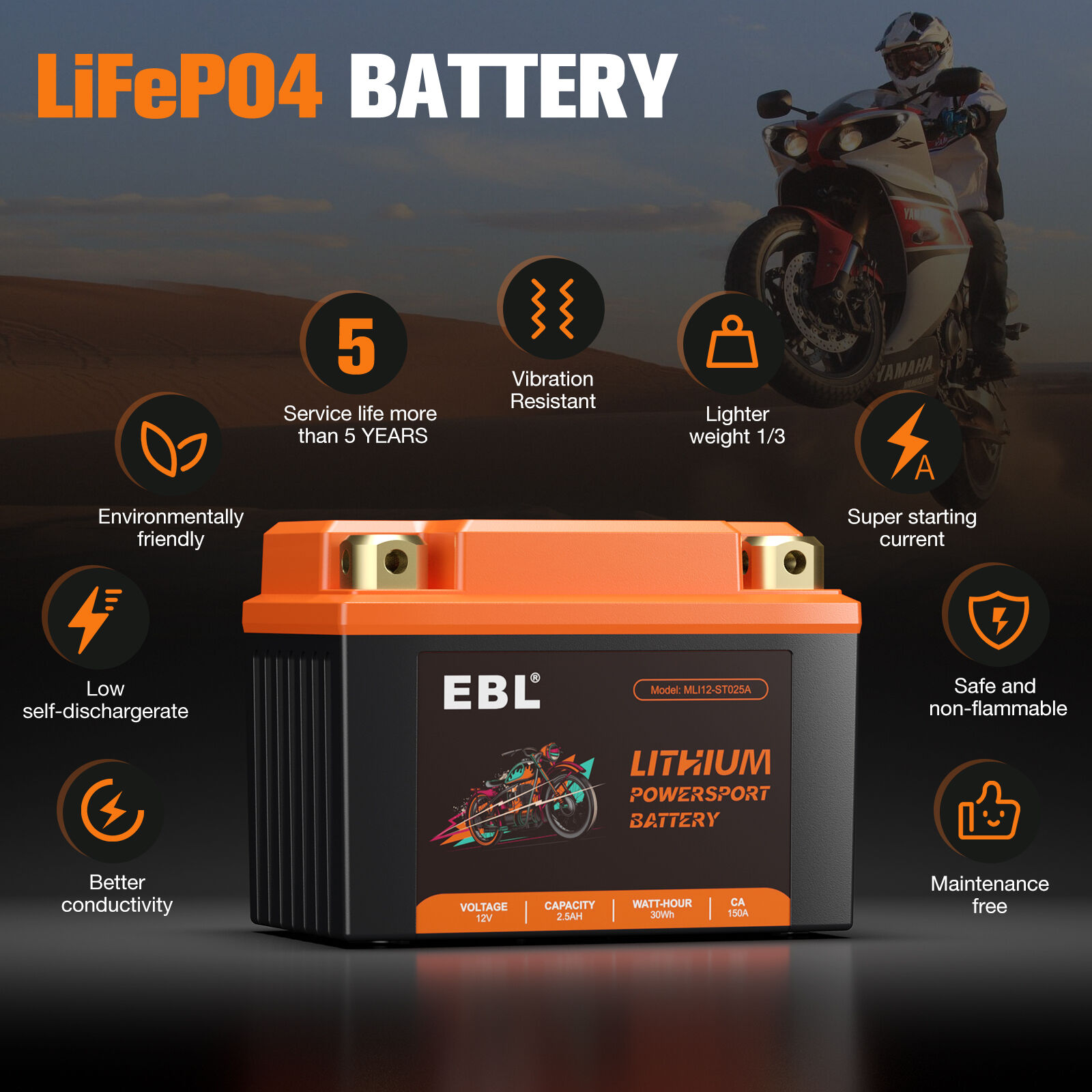 Ebl Lithium Motorcycle Battery Lifepo4 Ytx4l-bs 12v 2.5ah 150a Powersports Battery Ytx5l-bs For ...