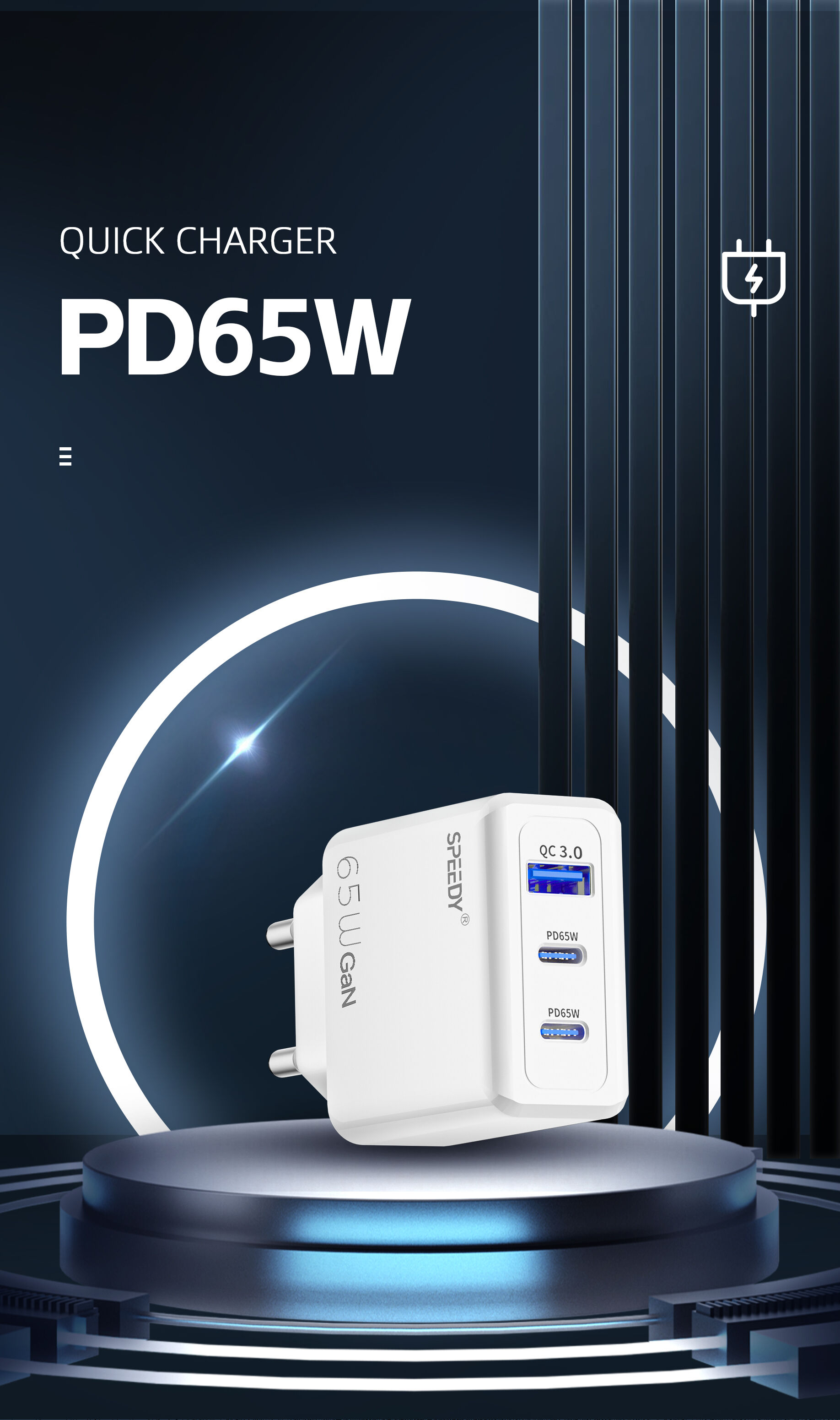 3 In 1 Dual Type-c +usb Fast Charging Wall Charger European Pins Ready ...