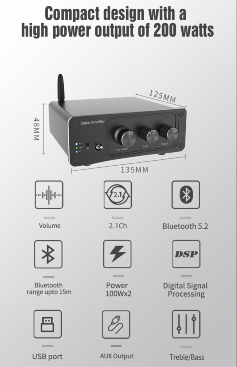 Hifi Amplifier 200w Bluetooth 5.2 Tpa3116 2.1 Channel Power Amplifier W/usb, Aux, Rca, Dsp With ...