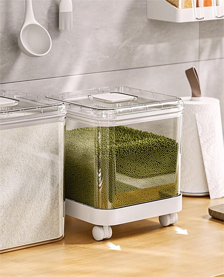 Flip Cover Household Rice Storage Box Kitchen Food Storage With Roller ...
