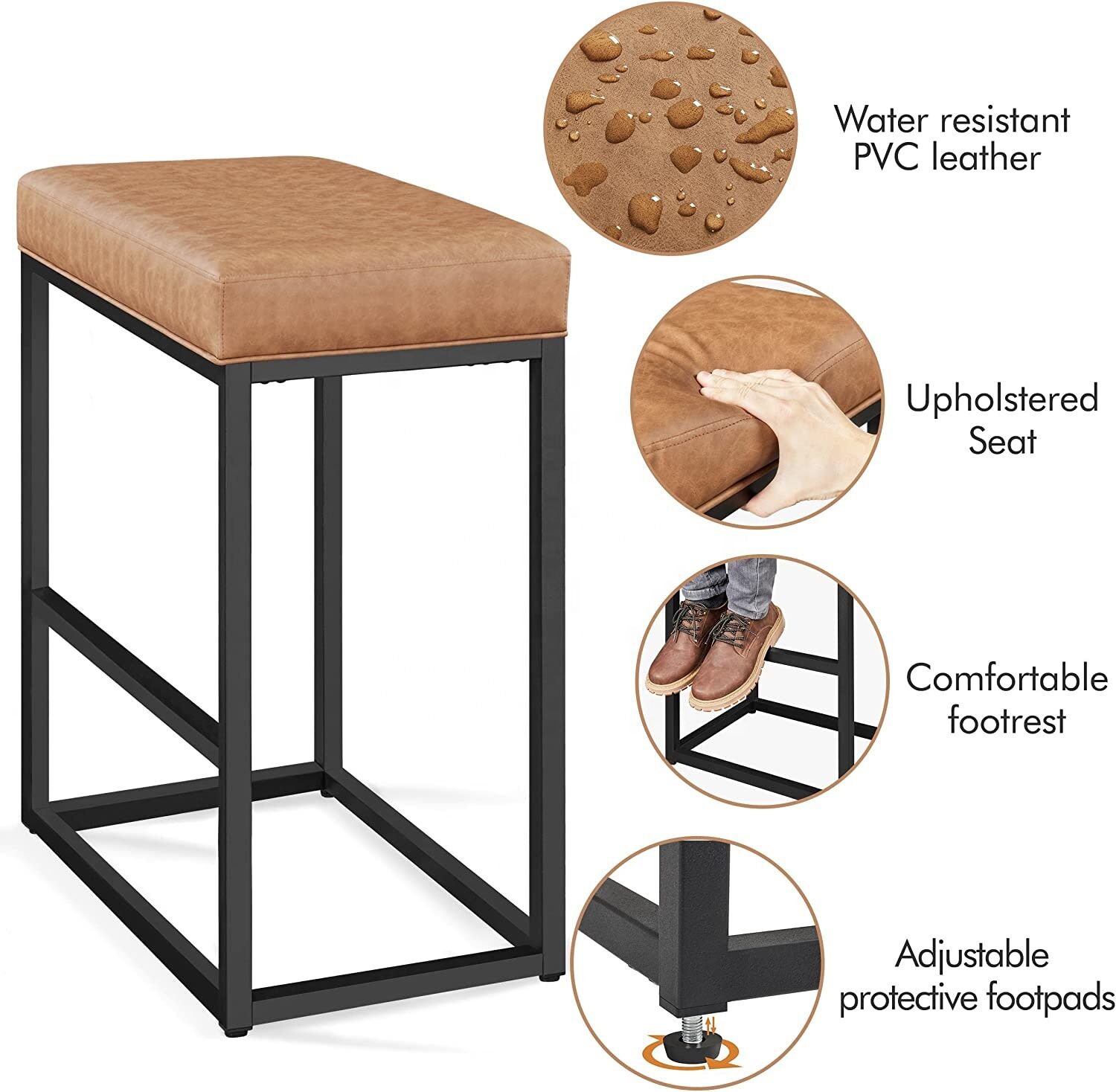 Square Leather Counter Height Bar Stools 24 Inch Leather Fabric Metal ...