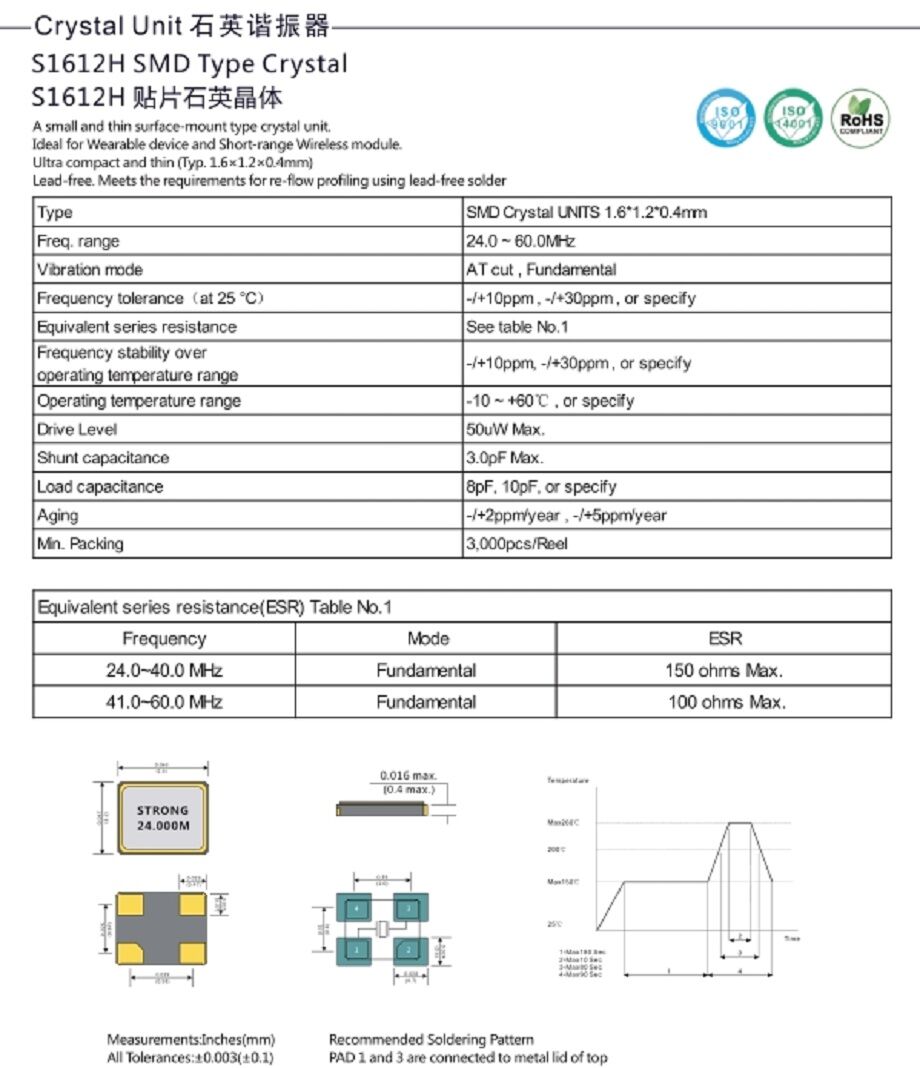 Strongfirst Crystal Unit 24.0~60.0mhz +/-10pmm +/-30pmm Smd S1612h 1.6 ...