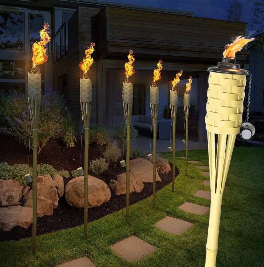 Garden Light Bamboo Torch With Black Metal Wick Holder For Outdoor ...