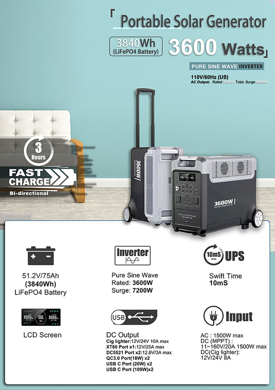 Lifepo4 Battery 1000w 1500w 2000w 3000w 3600w Portable Power Station 3.84kwh 3000 Watt Solar ...