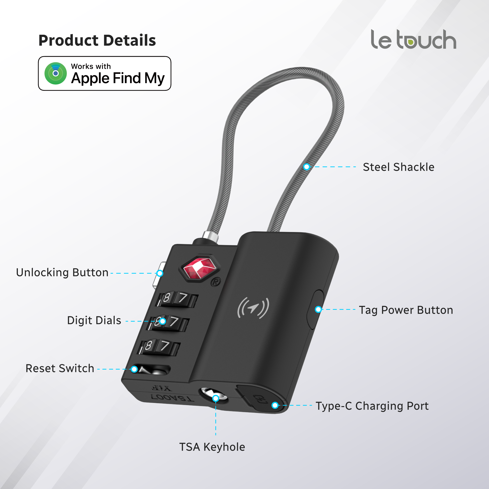 Le Touch Patent Private Design Lt-t60 Tsa Lock With Apple Findmy Finder ...