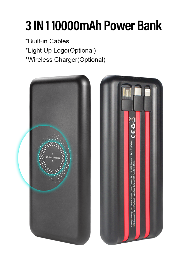 High Back Built In 3 Cables Power Bank Custom Luminous Logo Wireless ...