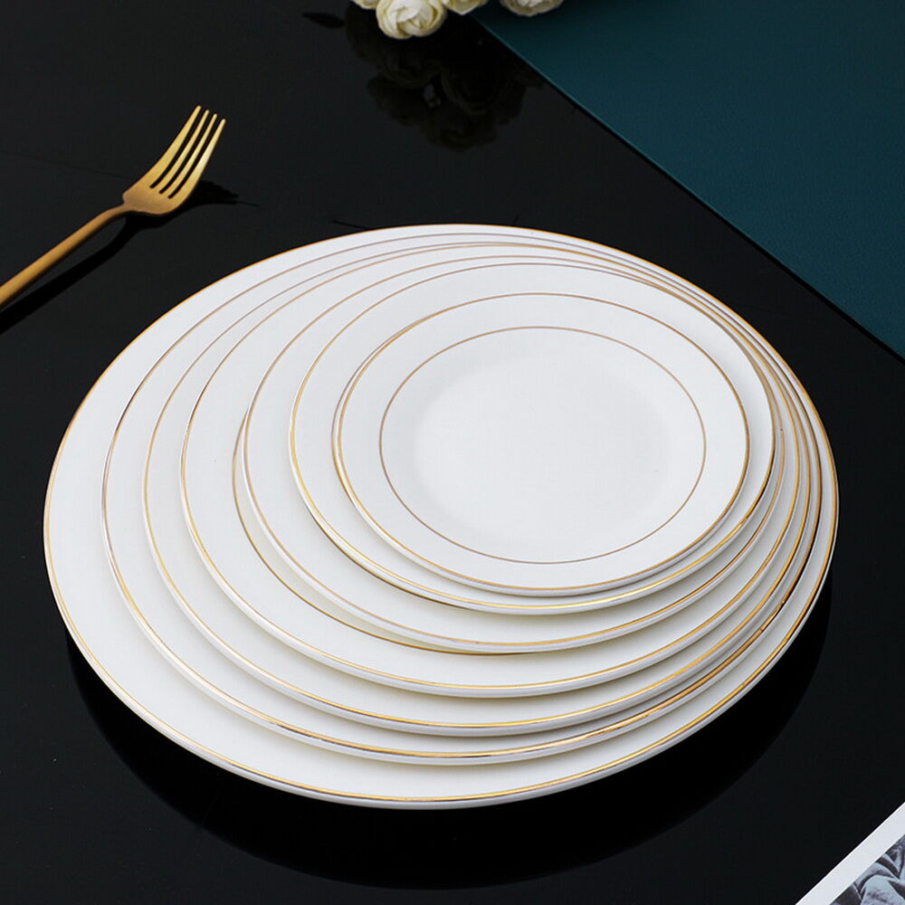 Wholesale White Gold Line Simple Ceramic Flat Plate Custom Logo Size ...