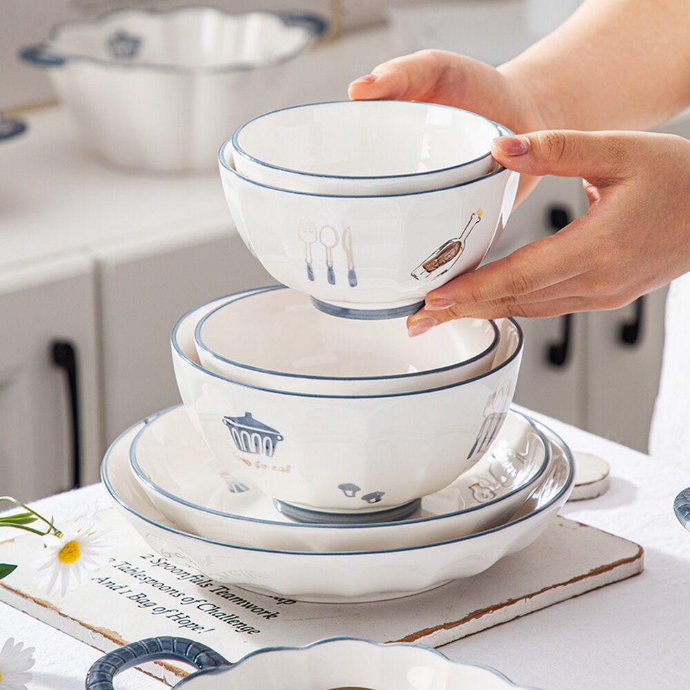 Nordic Simple Cartoon Print Ceramic Plate Bowls And Dishes Dinnerware ...