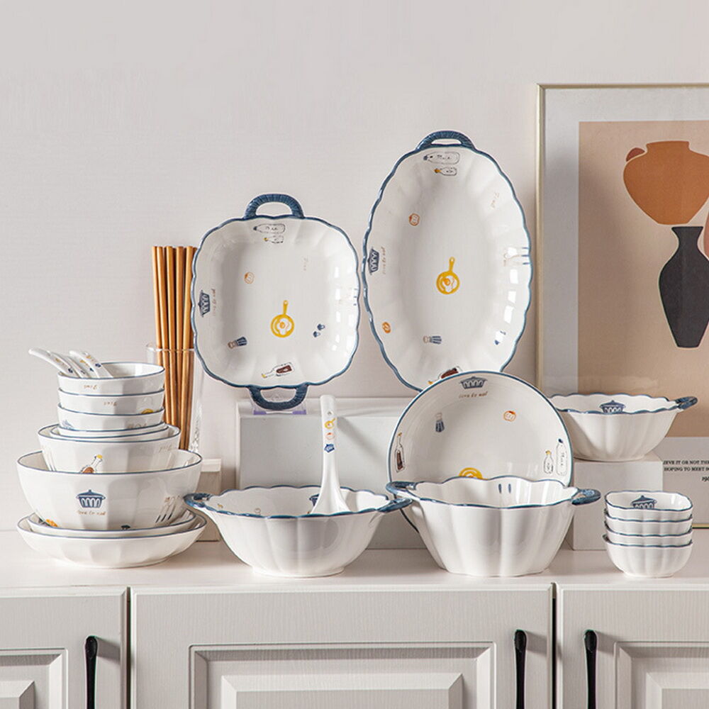 Nordic Simple Cartoon Print Ceramic Plate Bowls And Dishes Dinnerware ...