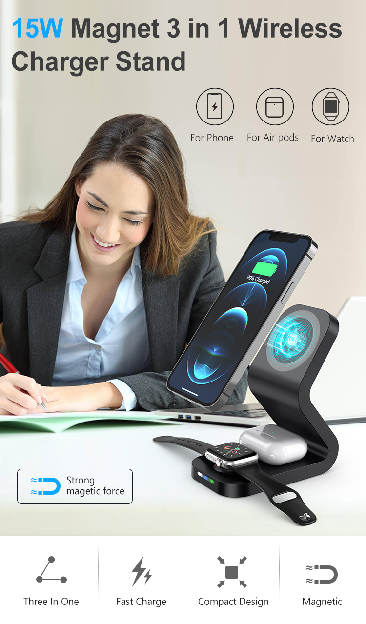 15w Magnetic 3 In 1 Wireless Charger Mobile Phone Watch Headset ...