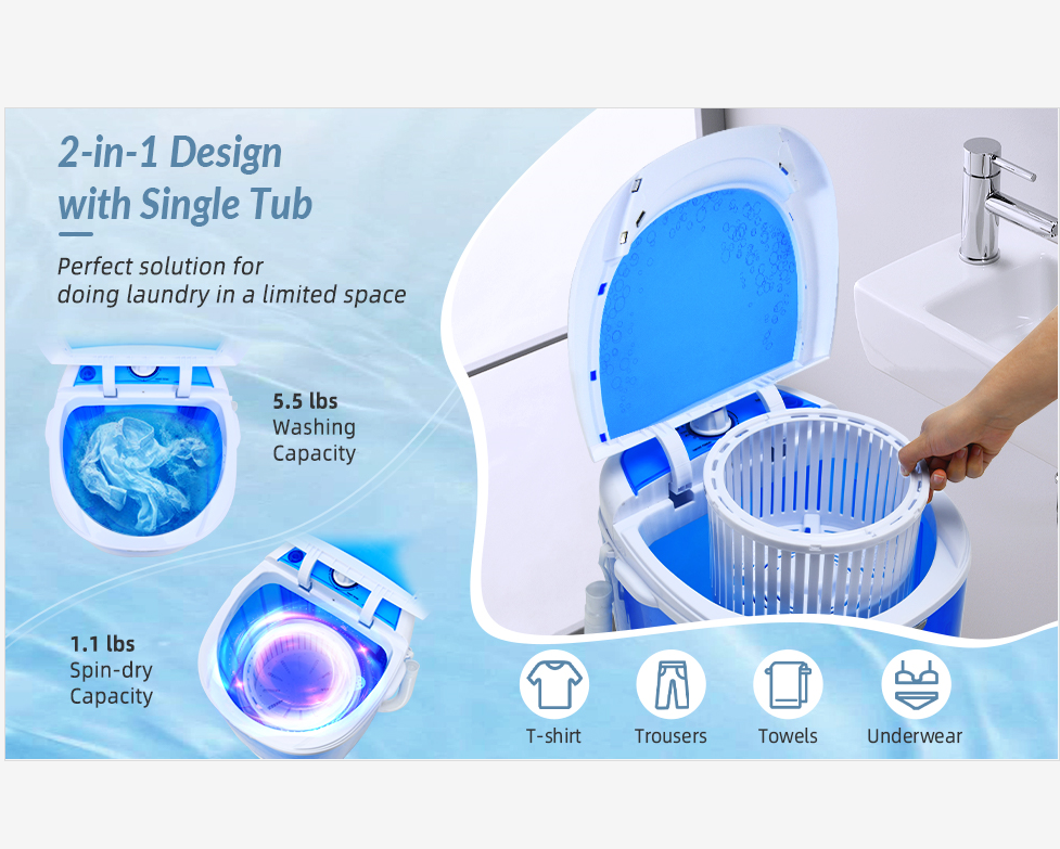 Mini Washer And Spinner Combo, 5.5lbs, Semi-automatic Compact Laundry ...