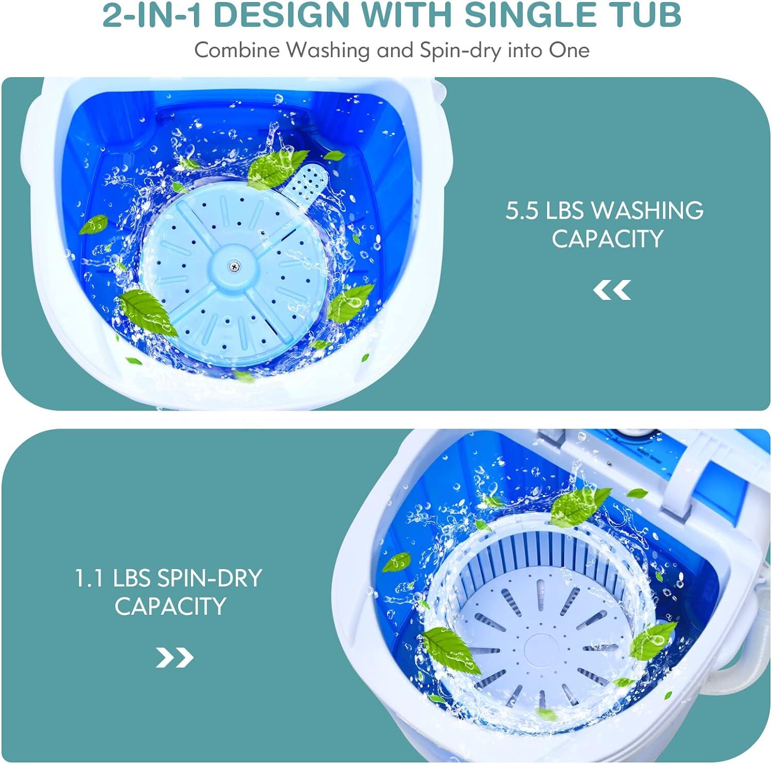 Mini Washer And Spinner Combo, 5.5lbs, Semi-automatic Compact Laundry ...