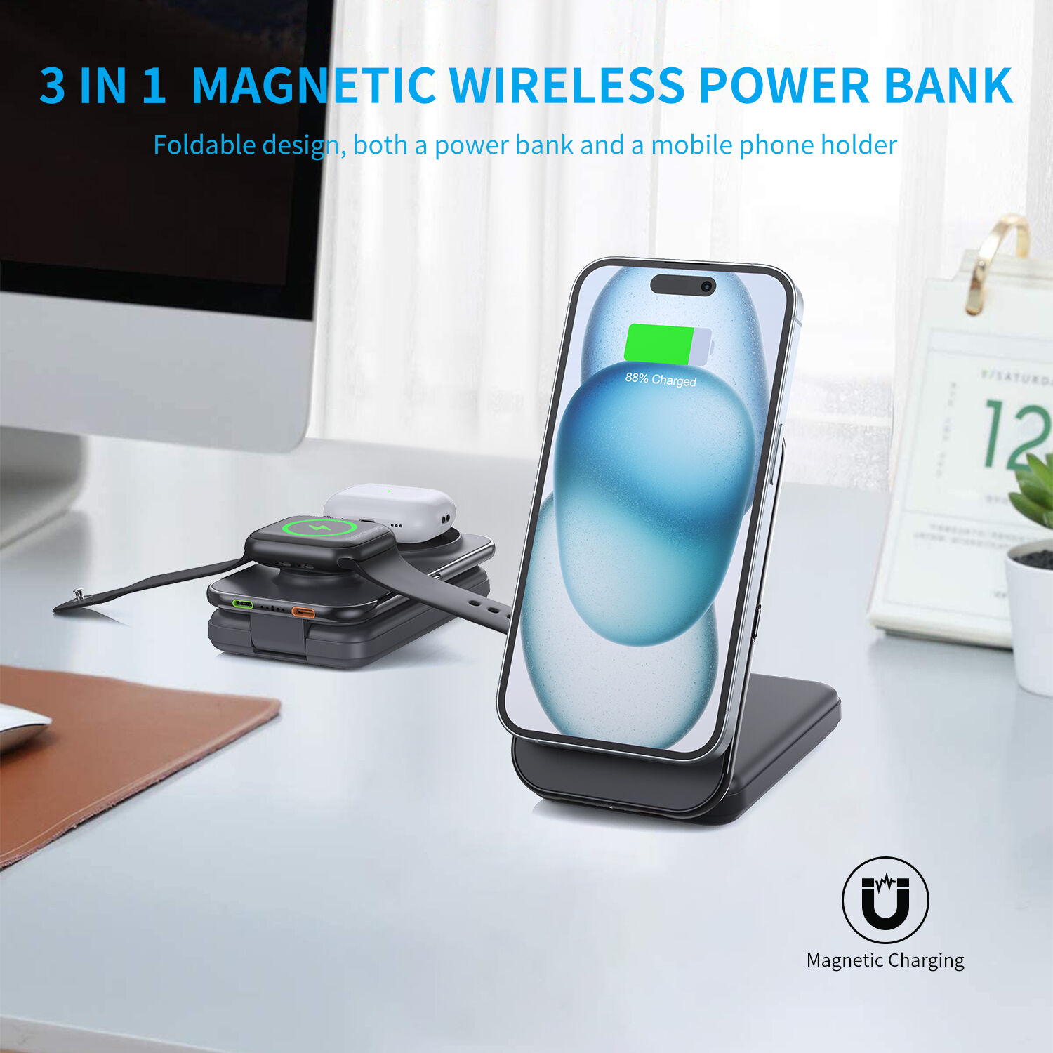 Mp02 8000mah 3 In 1 Power Bank With Fast Wireless, 2 Charging Cables ...