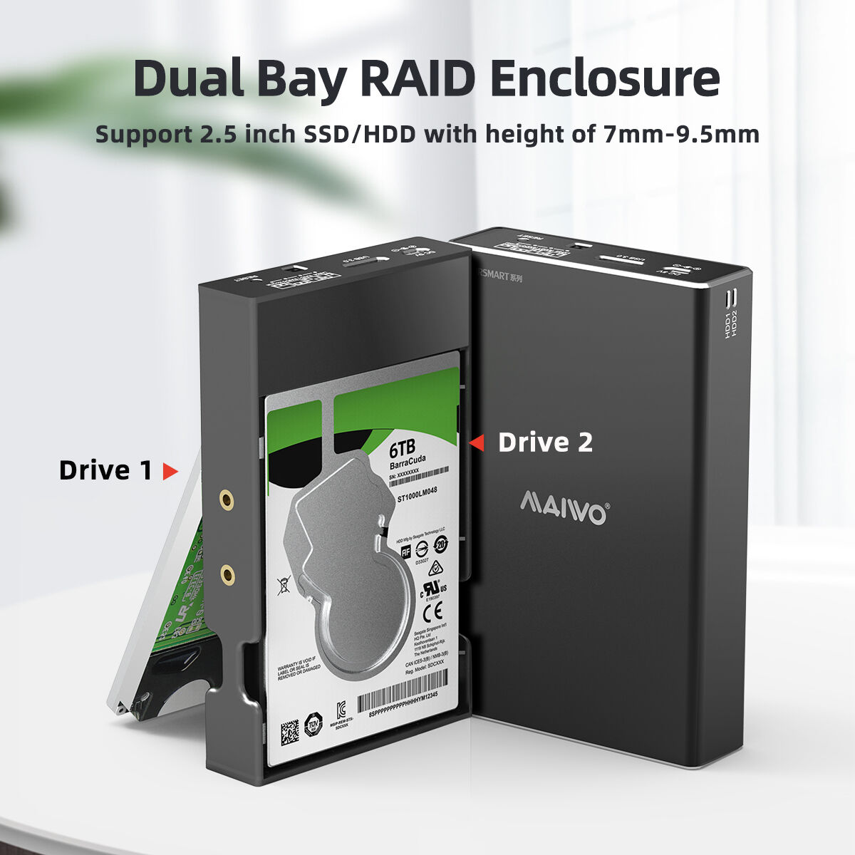 Maiwo K25272 Dual Bay Raid Tool Free Enclosure For 2.5" Sata Hdd/ssd 2. ...