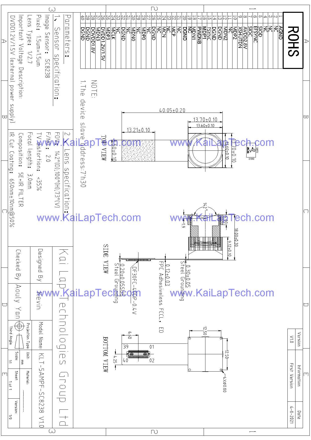 Klt-5ampf-sc8238 V1.0 8mp Sc8238 Interface Mipi M12 Mise Au Point Fixe ...