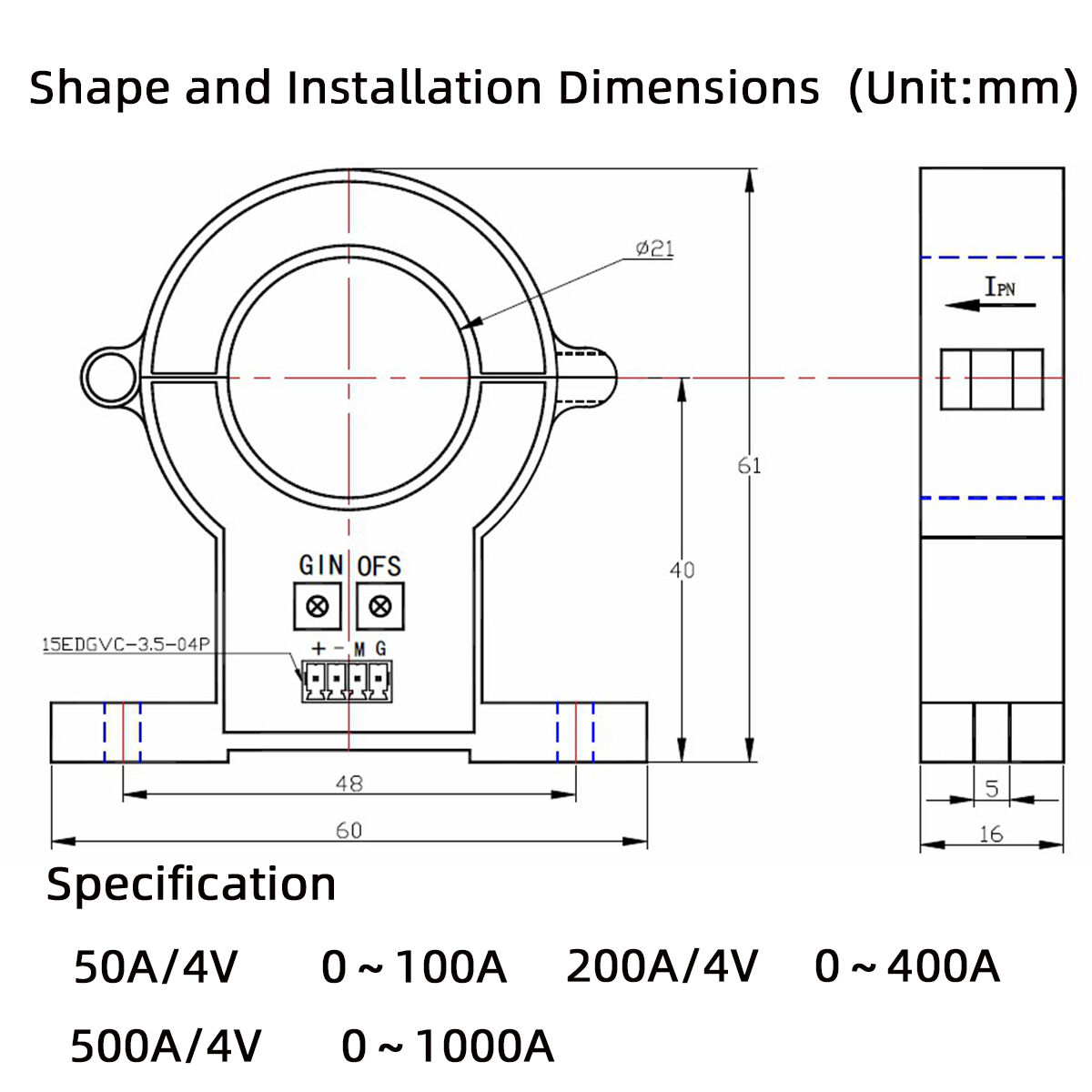Hall Current Transducer Ac Dc 5a 10a 20a 50a 100a 200a 300a / 4-20ma 5v ...