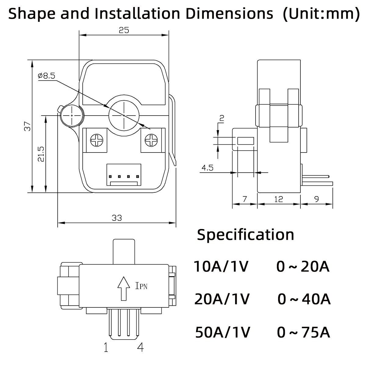 Hall Current Sensor Ac Dc 10a 30a 50a 1v Hall Current Transducer Split ...