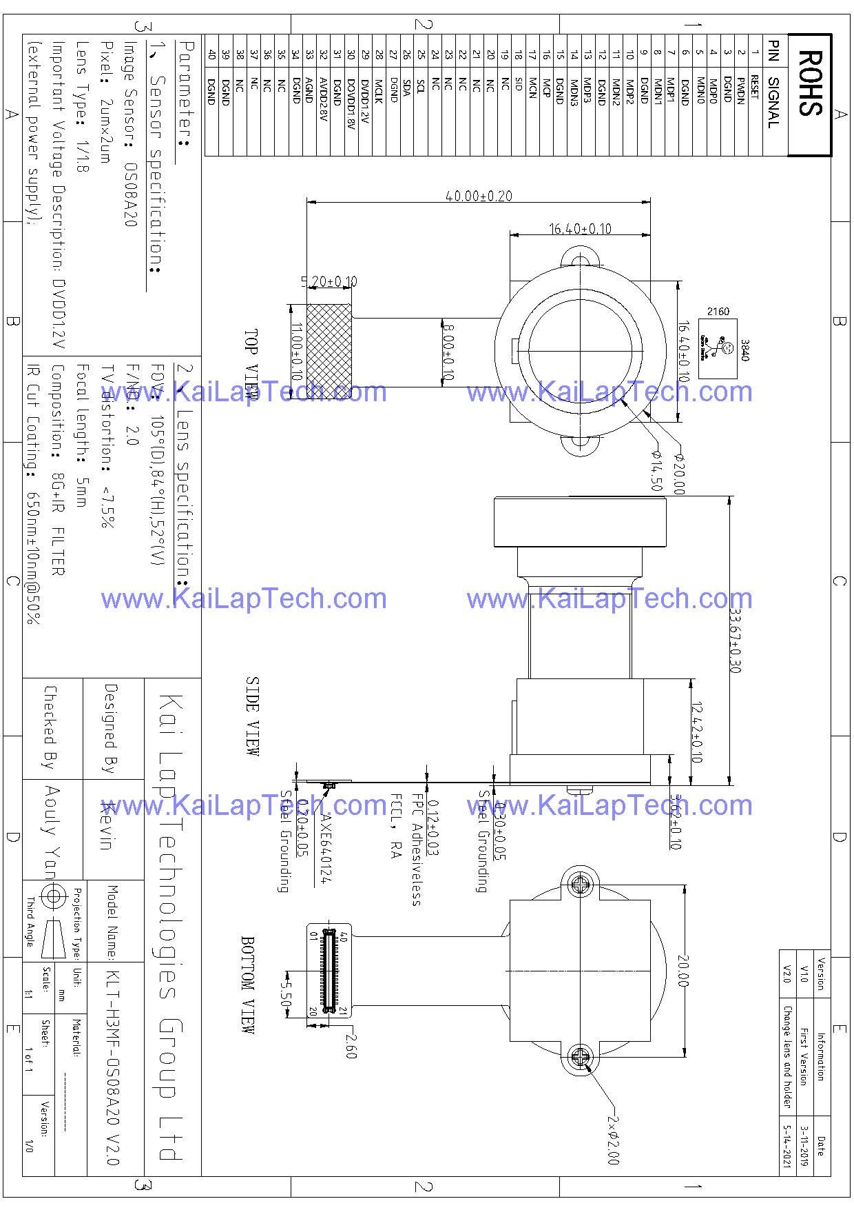 Klt-h3mf-os08a20 V2.0 8mp Os08a20 Interface Mipi M12 Mise Au Point Fixe ...