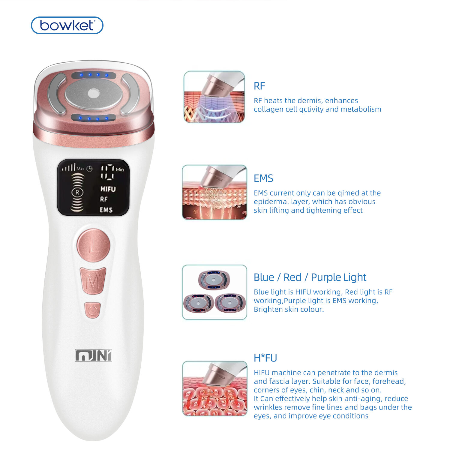 Bowket 3 In 1 Portable Mini Hifu At Home Rf Ems Anti-wrinkle Beauty ...
