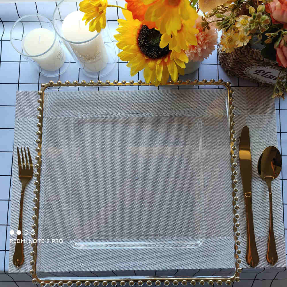 Square Clear Charger Plates Beaded Rim Gold ,transparent Square Plate ...