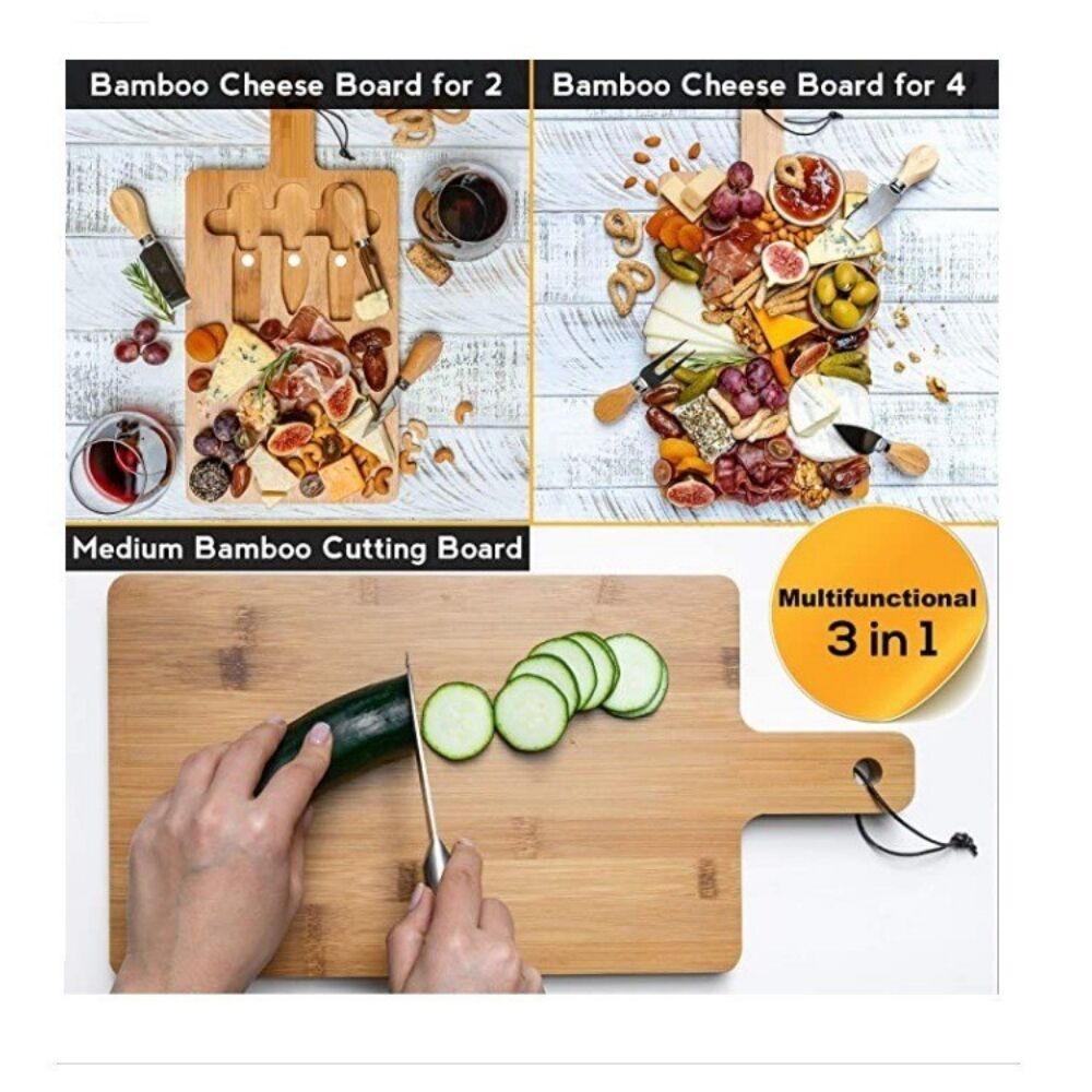 Customized Bamboo Cheese Cutting Board And Knife Set Rotating Wood ...