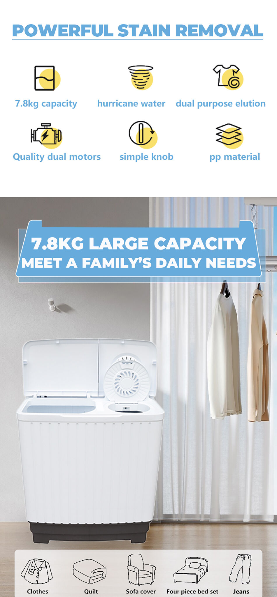 7.8 Kg Top Loading Washing Machines Semi Automatic Twin Tub Washer ...